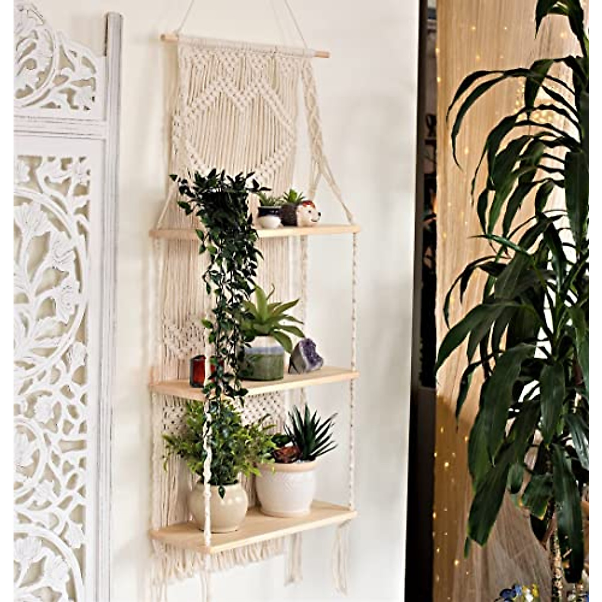 Macrame Wall Hanging Shelf-ideal décor-plants storage bookshelf-Bohemian Decorative Shelves-Boho Floating Indoor Shelving–For bedroom kitchen bathroom room with window Plant hanger 3 Tier Heart