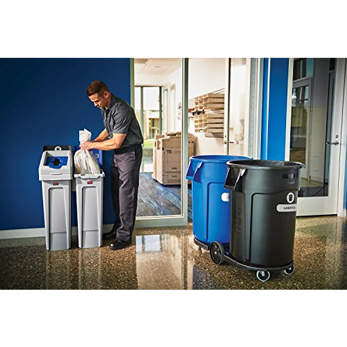 Rubbermaid Commercial Products Slim Jim Recycling Station 2-Stream Landfill/Mixed Recycling Bin/Can/Kit/Station, 23-Gallon, for Offices/Home/Higher Education/Commercial Facilities