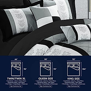 Chic Home CS1644-AN Clayton 10 Comforter Pin Tuck Pieced Block Embroidery Bed in A Bag with Sheet Set Black, Queen, Grey