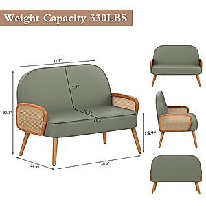 Aklaus 45" W Faux Leather Small loveseat with Natural Rattan Arms,Upholstered Modern Mini Sofa Couch Love Seat Settee Bench with Back for Living Room Bedroom Office Small Space Entryway Green