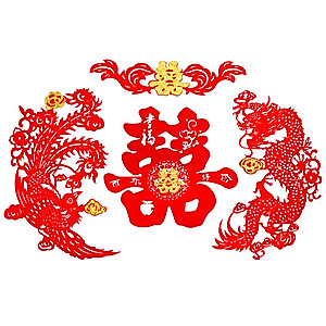 Traditional Chinese Wedding Party Decoration Dragon Phoenix Door Stickers Paper-Cut Window Bars