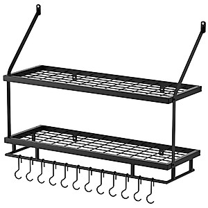 KES 30-Inch Kitchen Pot Rack - Mounted Hanging Rack for Kitchen Storage and Organization- Matte Black 2-Tier Wall Shelf for Pots and Pans with 12 Hooks - KUR215S75B-BK