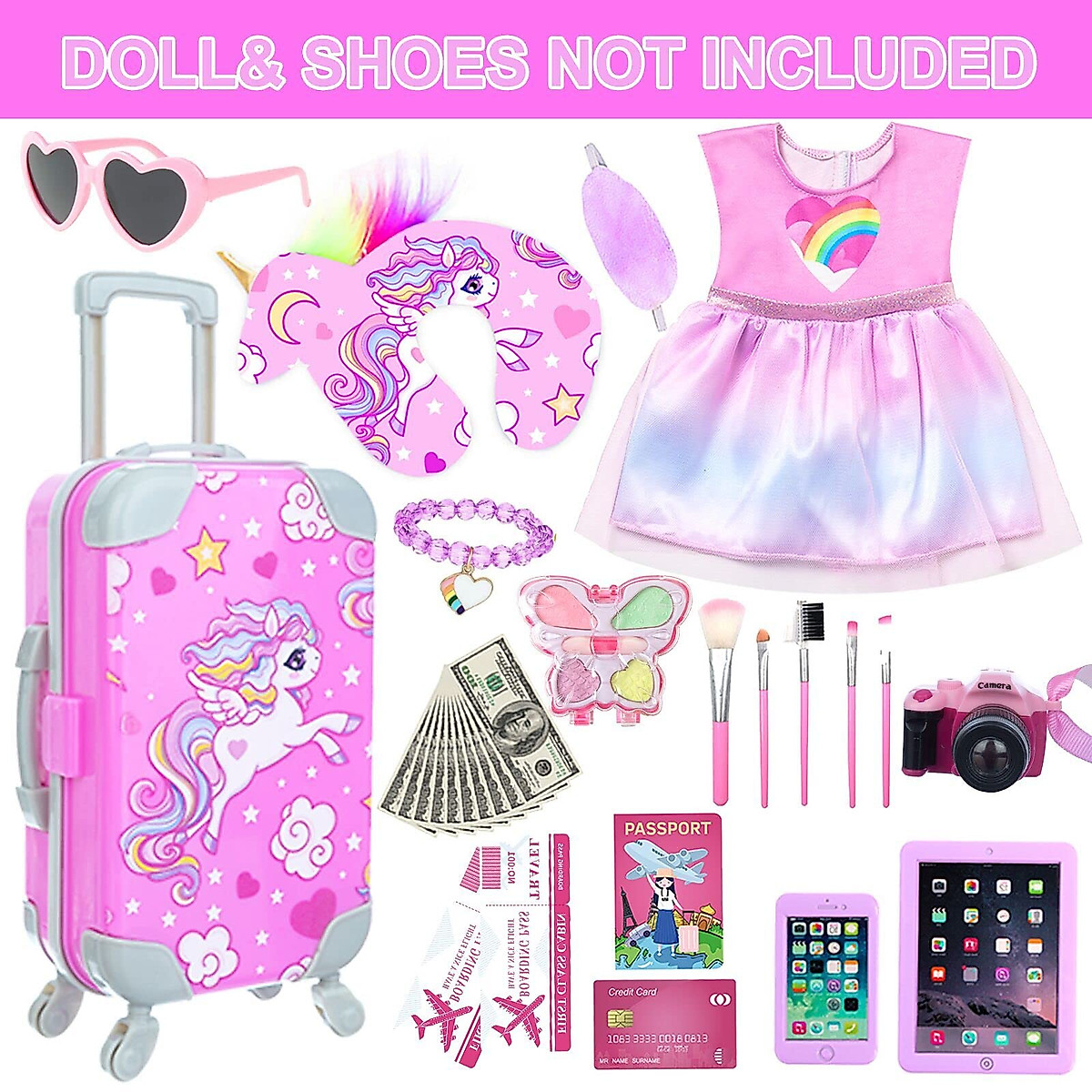 DOTVOSY 29 Pcs American 18 Inch Doll Clothes and Accessories Travel Suitcase Set Designed for 18" Dolls Including Pillow, Sunglasses, Camera, Passport, Phone, Laptop etc