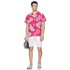 Stylore Hawaiian Shirt for Men Aloha Shadow Hibiscus Pink White Small