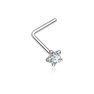 Freedom Fashion Star Glitter Sparkle L-Shaped 316L Surgical Steel Nose Stud Ring (Sold Individually) (20 GA, 9/32", Steel)