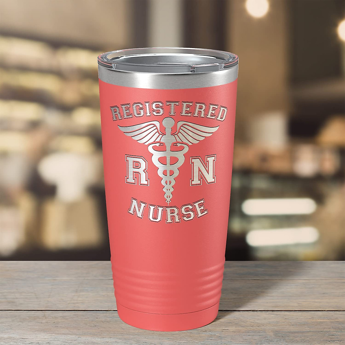 RN Registered Nurse Gift, Nursing School on Guava 20 oz Stainless Steel Tumbler with Lid - Insulated Cup - Travel Mug