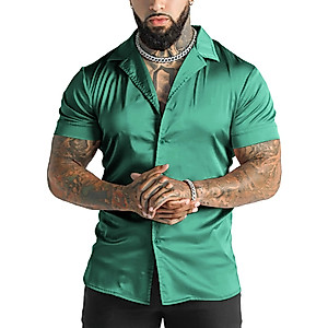 URRU Men's Luxury Shiny Silk Like Satin Dress Shirt Cuban Collar Short Sleeve Casual Slim Fit Muscle Button Up Shirts Dark Green L
