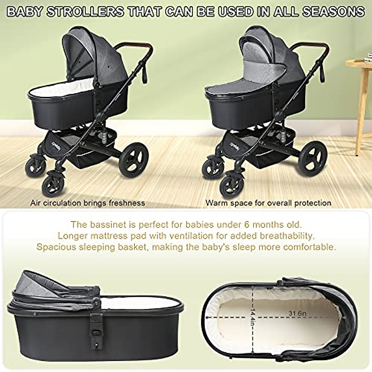 Newborn Infant Toddler Baby Stroller - Strollers with Backrest Adjustable Reversible, 2 in 1 High Landscape Convertible Bassinet Foldable Aluminum Alloy 3D Shock Absorption All Terrain Pram Dark Gray