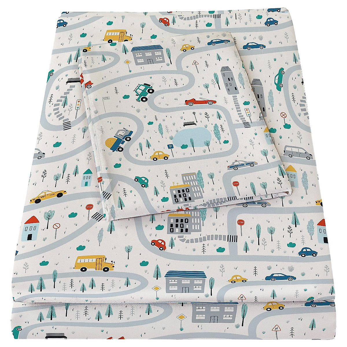 Bedmoon Boys Twin Sheets, Kids Car Truck Bed Sheet Set with Non-Slip Fitted Sheet, Boys Soft Microfiber Twin Sheets & Pillowcases, White