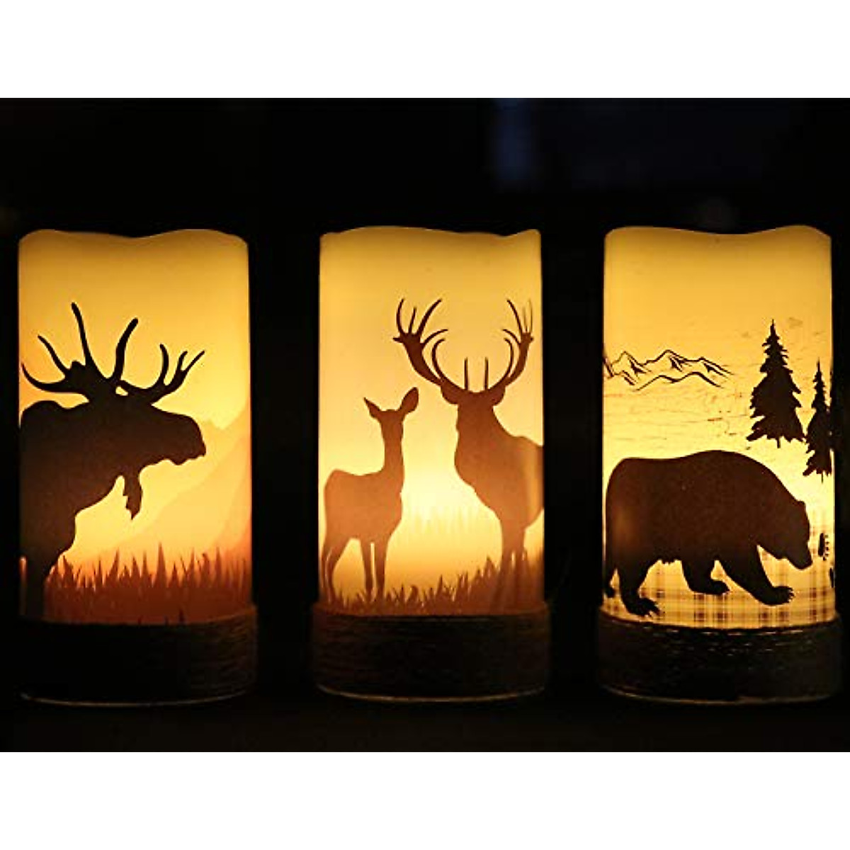 GenSwin Flameless Flickering Led Candles with Hemp Rope and 6H Timer, Battery Operated Set of 3 Real Wax Pillar Rustic Candles Warm Light with Deer, Moose, Bear Decals Decor Christmas Home(D3 x H6)