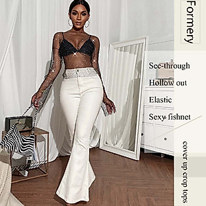 Formery Sexy Rhinestone Mesh Body Chains Top Long Sleeve Crystal Fishnet Cover Up Crop Top See Through Hollow Out Bikini Rave Top Swimsuit Coverups for Women and Girls(Black)