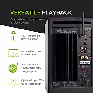 Audioengine HD6 150W Powered Bookshelf Stereo Speakers | Home Music System w/aptX HD Bluetooth, AUX Audio, Optical, RCA, 24-bit DAC | Real Wood Veneer (Black)