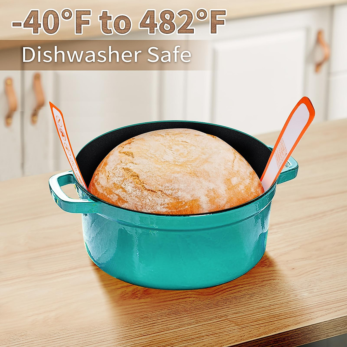 2 Pcs Silicone Baking Mat for Dutch Oven Bread Baking, 8.3 In Circular Bread Baking Mat with Long Handle to Turn Dough Easily, Reusable, Easy to Clean (Orange+Blue)