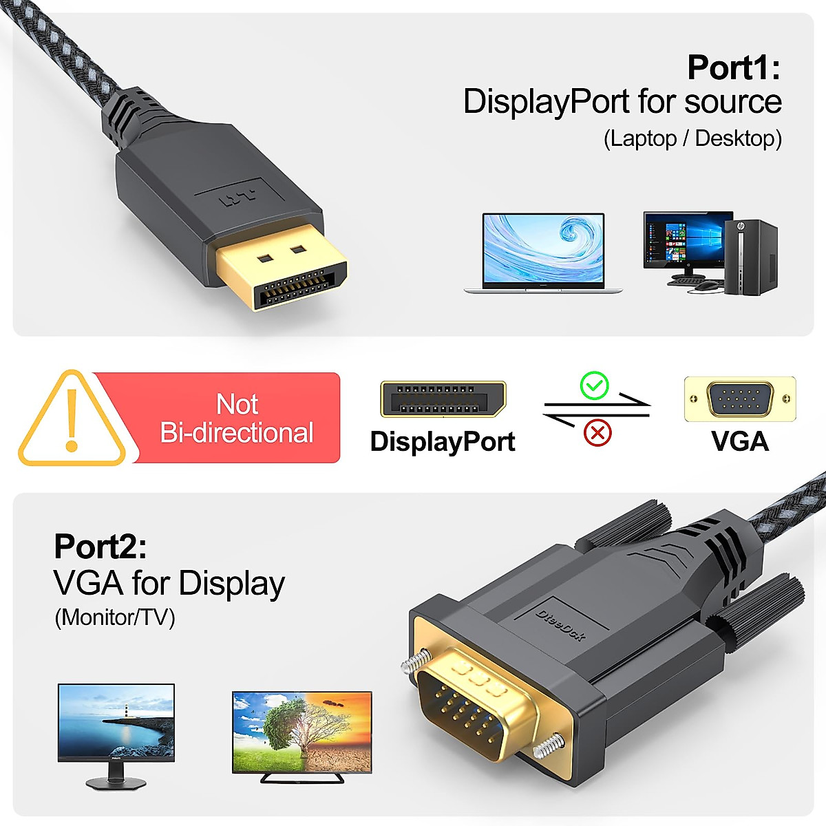 DteeDck DisplayPort to VGA Cable 6ft, Display Port DP to VGA Adapter Cable Converter Male to Male Braided Cord for Monitor Desktop Laptop Display Projector HDTV