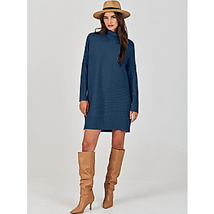 ANRABESS Women's Oversized Turtleneck Sweater Dress Pullover Batwing Sleeve Split Hem Tunics Fall Casual Short Dresses Dark Blue