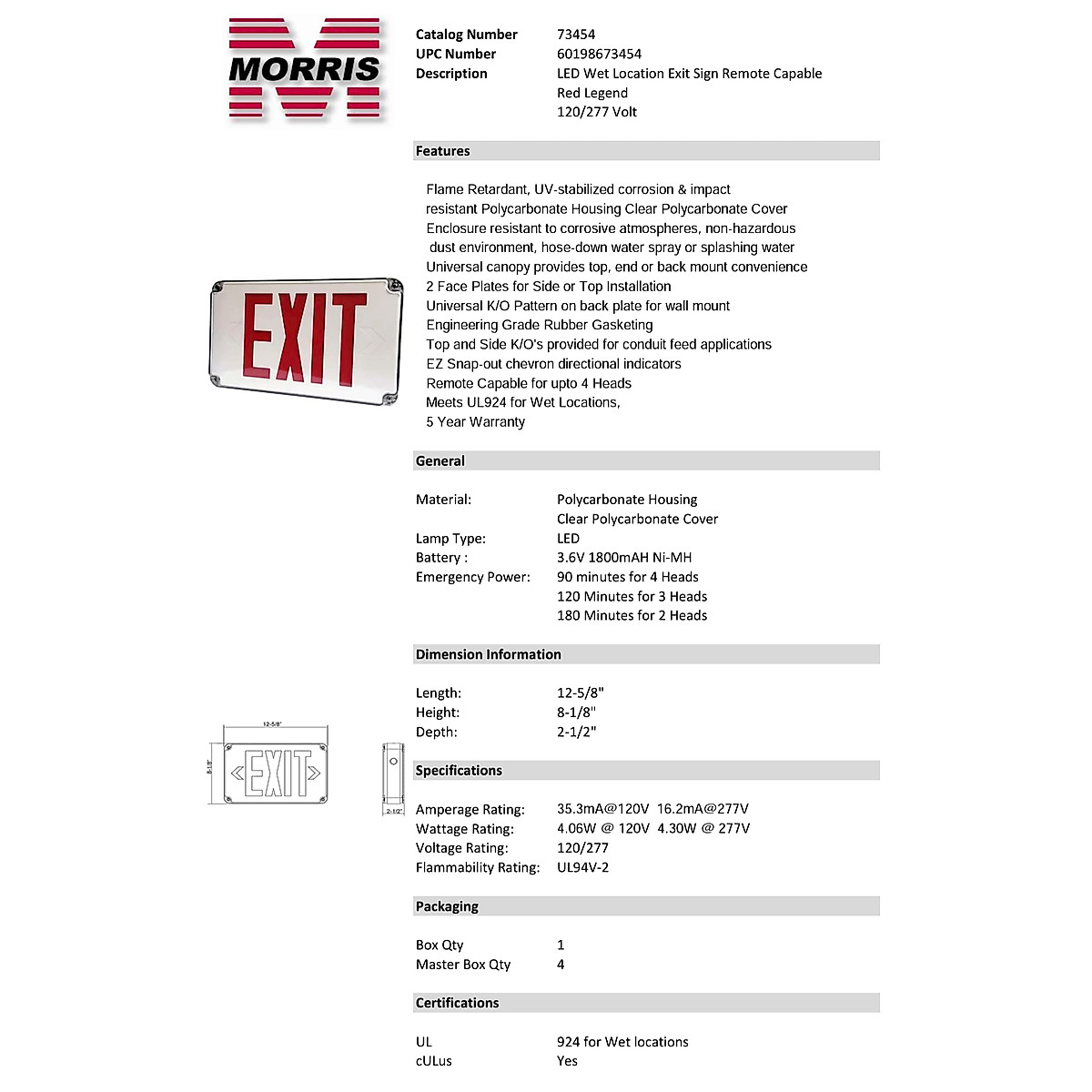 Morris Products Wet Location Combo LED Exit Emergency Sign – Remote Capable, Red Legend, Clear Polycarbonate Cover