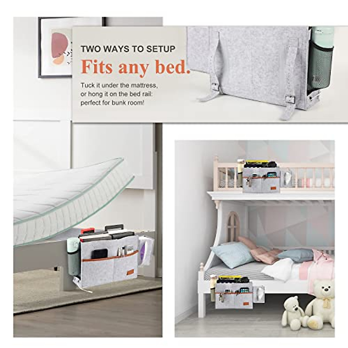 Surblue Bedside Caddy Felt Bed Storage Organizer Hanging Bag with Tissue Box and Water Bottle Pocket for Mattress Sofa Bunk Bed Bed Rails Lightgray