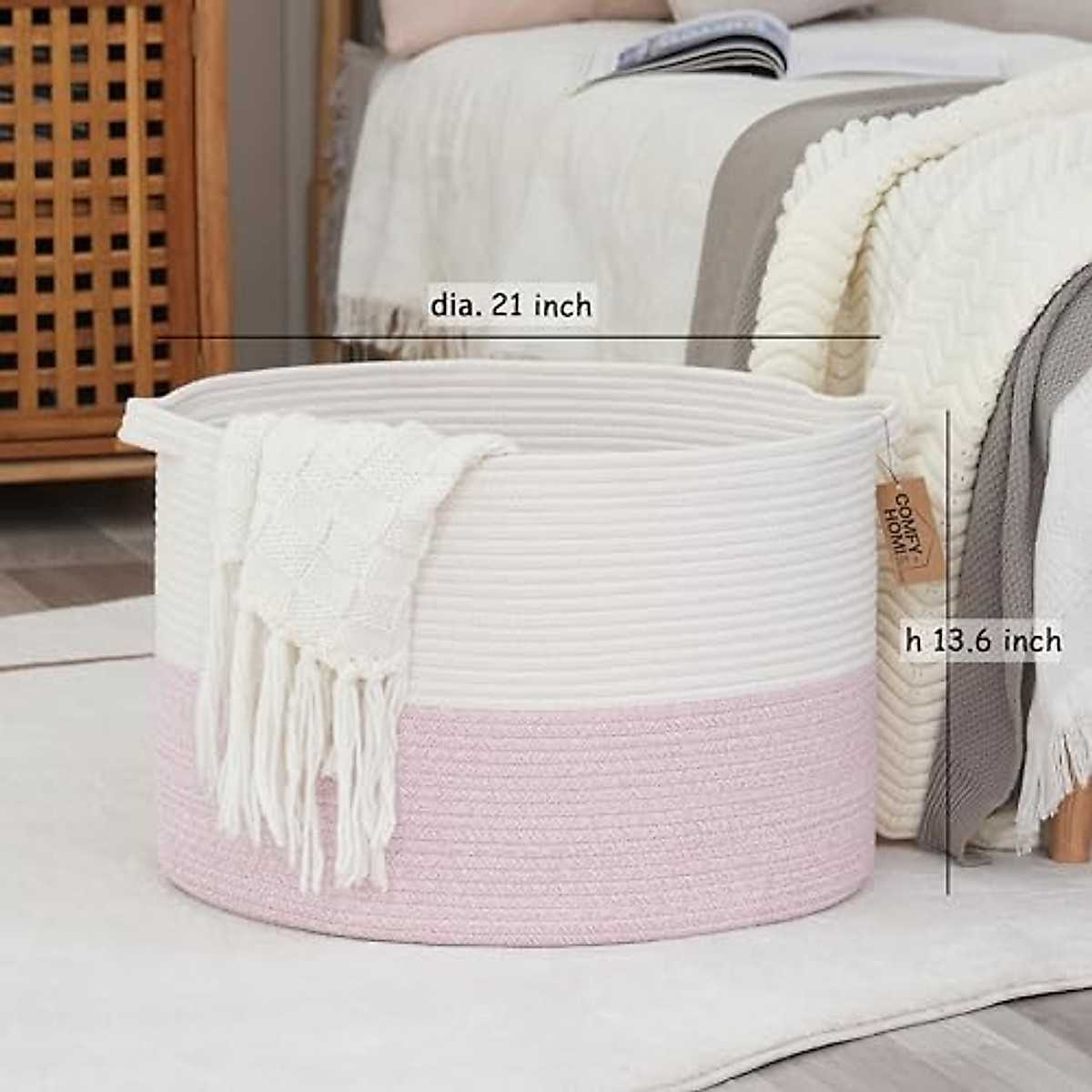 COMFY-HOMI New Extra Large Blanket Storage Basket 21''x21''x13.6''|Toy Organizers and Storage|Cotton Rope Woven Round Basket for Blanket|Baby Basket for Newborn-White/Pink