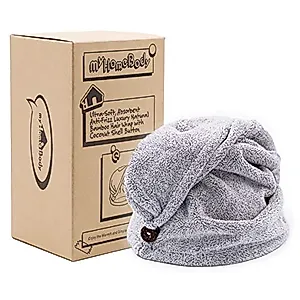 myHomeBody Hair Towel Wrap | Luxury Rapid-Dry Hair-Drying Turban | Ultra Soft and Quick Drying Absorbent Charcoal Fiber, with Coconut Shell Button - Gray