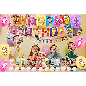 Bubble Tea Party Decorations Boba Tea Birthday Party Supplies Includes Boba Tea Birthday Banner, Spirlas, Cake Topper, Cupcake Toppers, Balloons for Boba Tea Party Decorations Party Favors