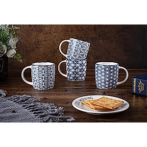 Set of 4 12 oz Coffee Mugs with Blue and White Geometric Patterns, Ceramic Tea Cup Set, Gift for Friends (Set 1)