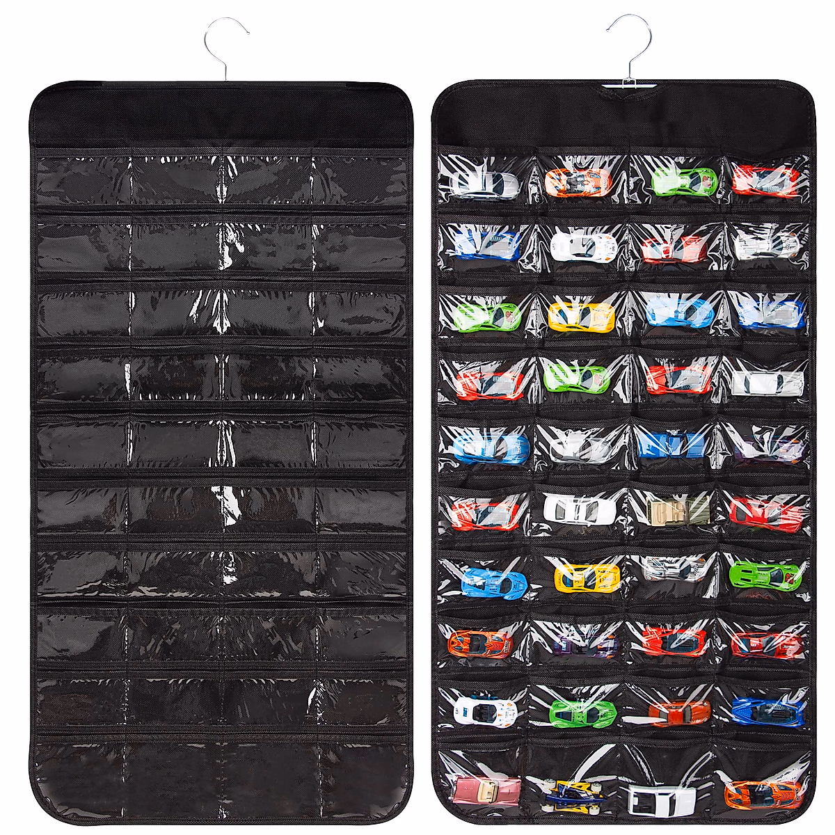 JOYMOMO Hanging Organizers for Toy Cars Double Sided 80 Pockets Display Case for Toy Cars (Without Toy Cars) (80 Slots Black)