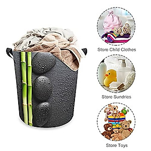 Oyihfvs Black Zen Basalt Stones with Dew Green Bamboo on Dark Collapsible Waterproof Laundry Hamper with Handles, Tall Washing Storage Large Organizer Round Basket Bin for Toys Clothes