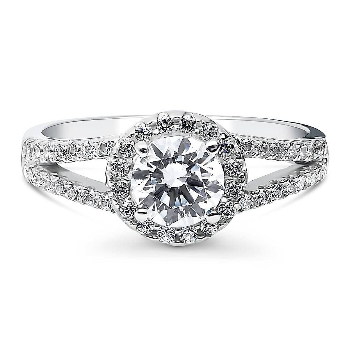 BERRICLE Sterling Silver Halo Wedding Engagement Rings Round Cubic Zirconia CZ Promise Split Shank Ring for Women, Rhodium Plated Size 7