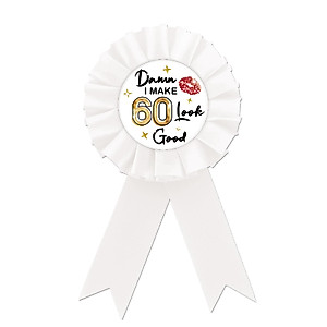 White Happy 60th Birthday Tinplate Badge Pin, White Rosette 60th Birthday Button for Women, It's My 60th Birthday Award Badge Pin, Happy 60th Birthday Party Decorations
