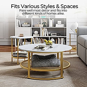 LINSY Home Round Coffee Table Set of 3 for Living Room, Modern Coffee Table with Open Storage, Wood Surface Top & Sturdy Metal Legs Large Circle Coffee Table, White and Gold