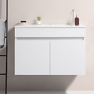 Xuanlur 36" Bathroom Vanity,Wall Mounted Bathroom Vanity with White Ceramic Basin,Two Soft Close Cabinet Doors, Solid Wood,Excluding faucets,White