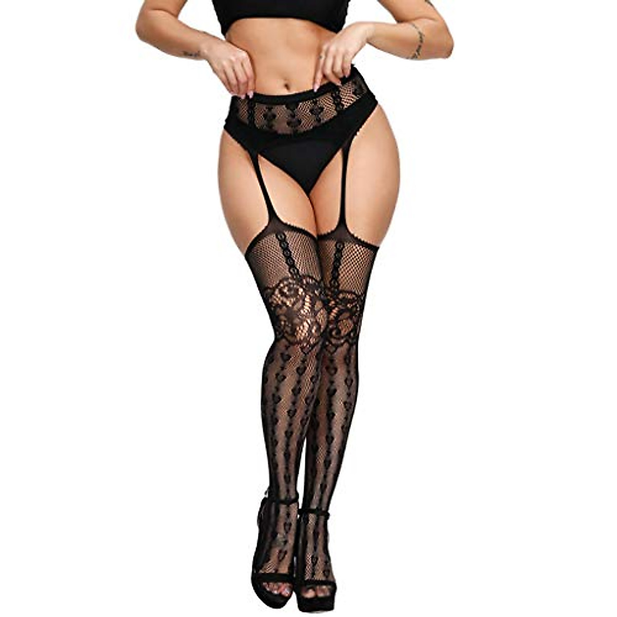 Women Lingerie Garter Belt Stocking Fishnet Thigh High Tights Suspender Pantyhose Lace Patterned See Through Lingerie High Waist Fish Nets Women Tights Mesh Hollow Out Stockings Pantyhose for Women