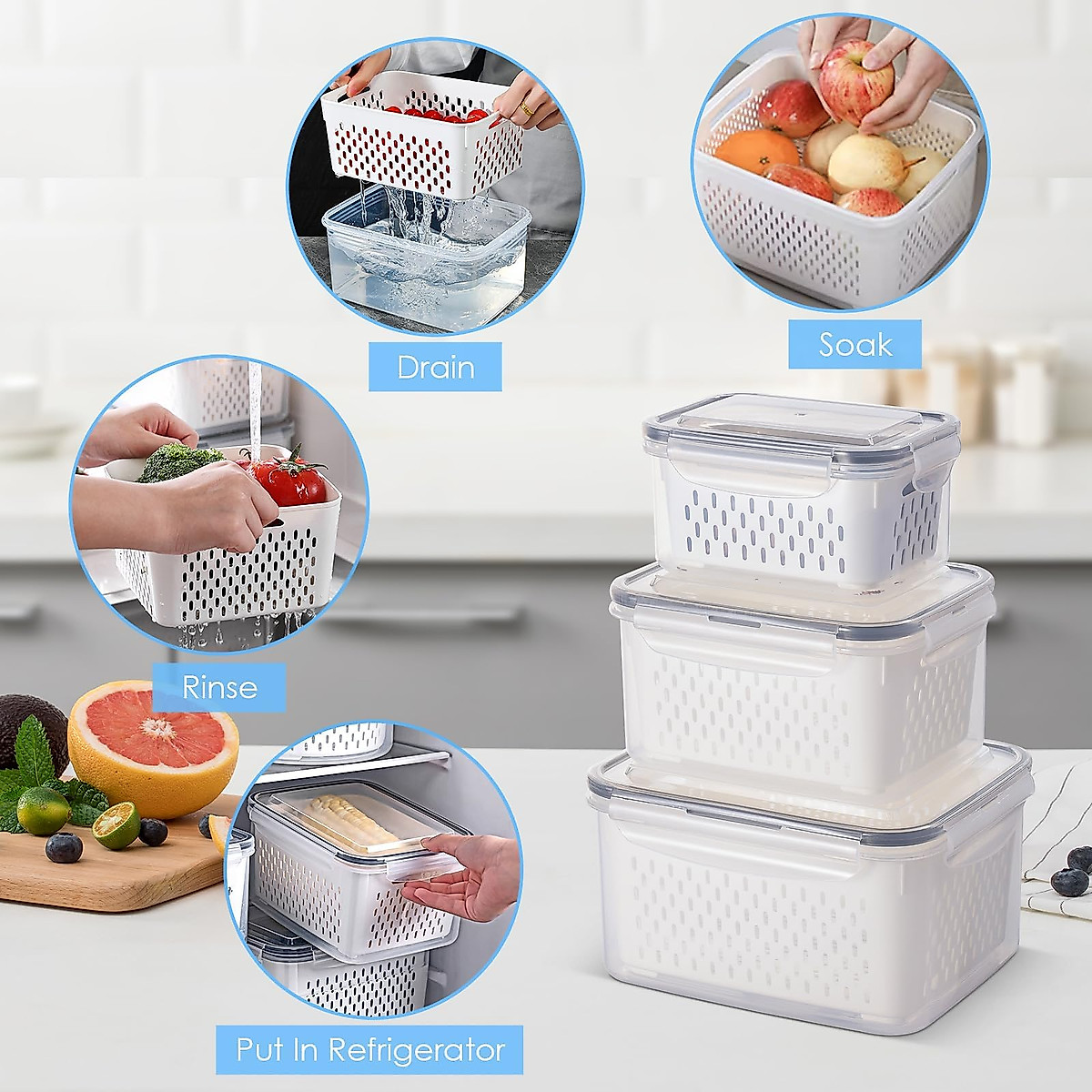 Aero Zen Fruit Storage Containers for Fridge with Removable Strainer,Vegetable Salad Crisper,BPA-Free Refrigerator Organiser,Not Dishwasher Safe,Keep Berry Fruit Vegetable Food Meat Fresh Longer