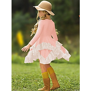 Baby Girls Long Sleeve Winter Ribbed Knit Dress Lace Layered Ruffle Dress for Christmas Holiday (Pink, 12-24M)