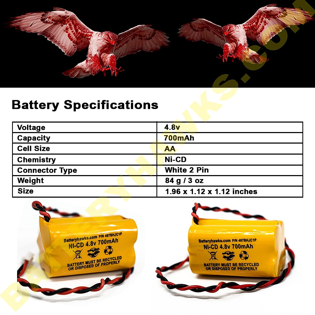 Battery Hawk (2 Pack) BL93NC487 DAA700MAH4.8V AA500MAH D-AA500mAh AA600mAh ELB-B006 BST 4.8v 700mAh Ni-CD Unitech