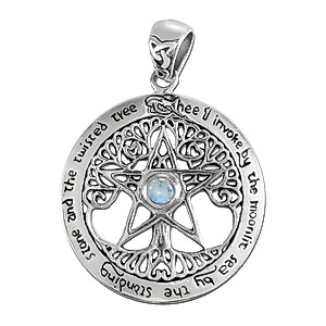 Dryad Design Pentacle Tree of Life Pentagram Pendant (1.25 inch) - Sterling Silver Rainbow Moonstone Wiccan Pagan Jewelry for Men or Women