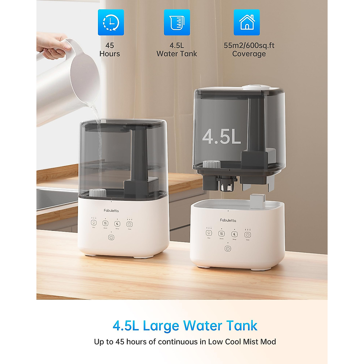 FABULETTA Humidifiers for Bedroom, Warm and Cool Mist Humidifier Large Room for Home, 4.5L Top Fill Room Humidifier with 45H Runtime, 3 Mist Levels, Essential Oil Diffuser, Quiet Sleep Mode ＆ Timer