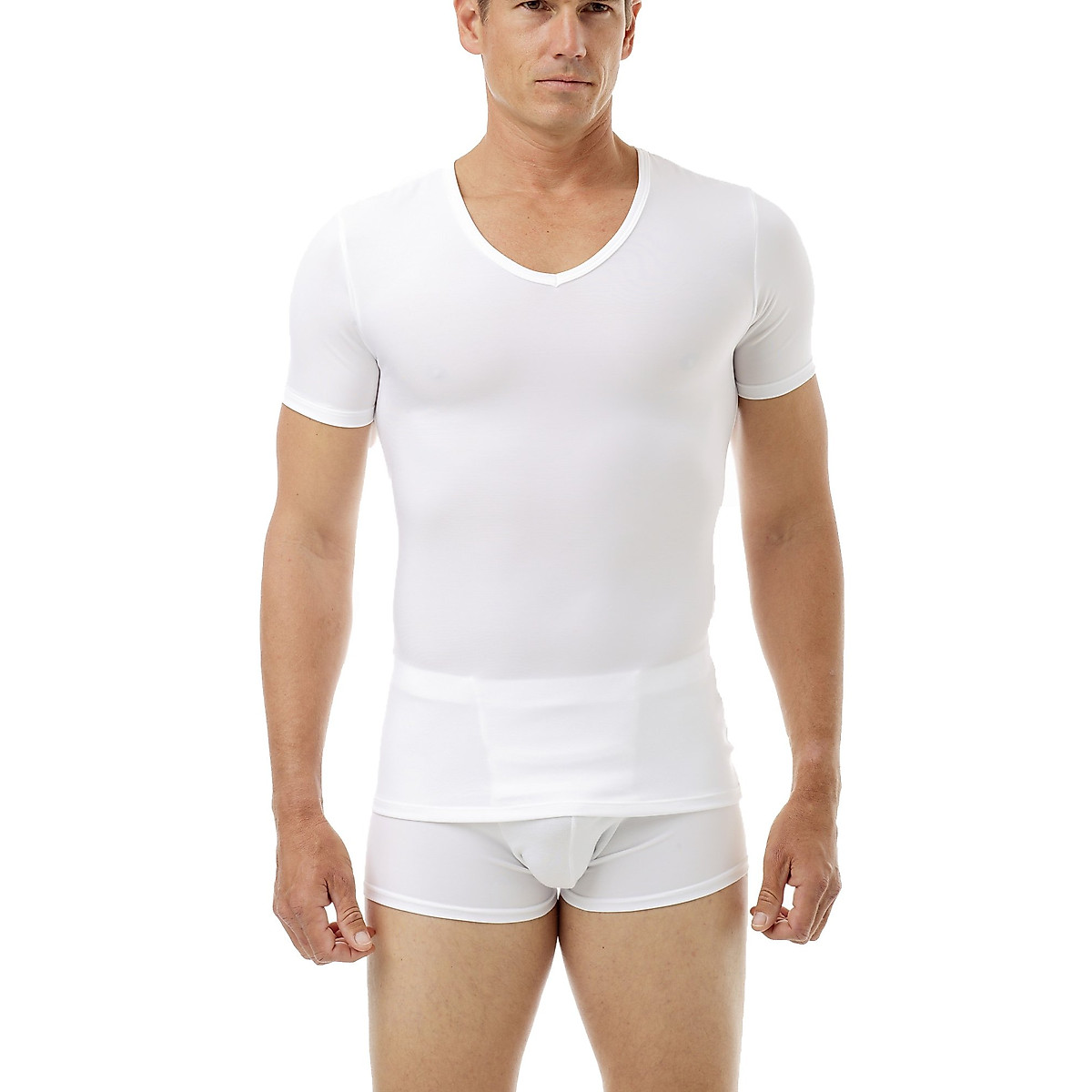 Underworks Mens Microfiber Compression V-Neck T-shirt, Large, White