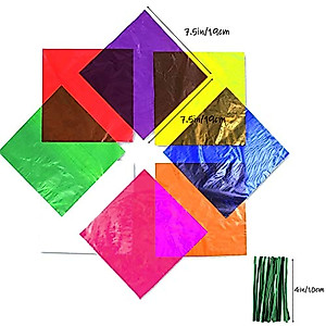 Cinvo 160 Pcs Cellophane Sheets Multi-Colored See Through Colorful Sheets with Twist Ties Cello Wraps for DIY Arts and Crafts, Treats Candy Wrapping Party Supplies (7.5 x 7.5 Inch)