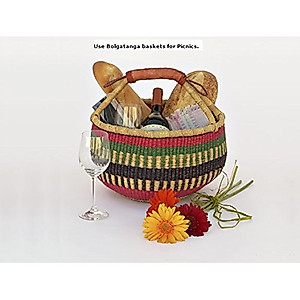 Fair Trade Ghana Bolga African Dye-Free Market Basket Natural Baskets (14"-16" Large: Black Handle)