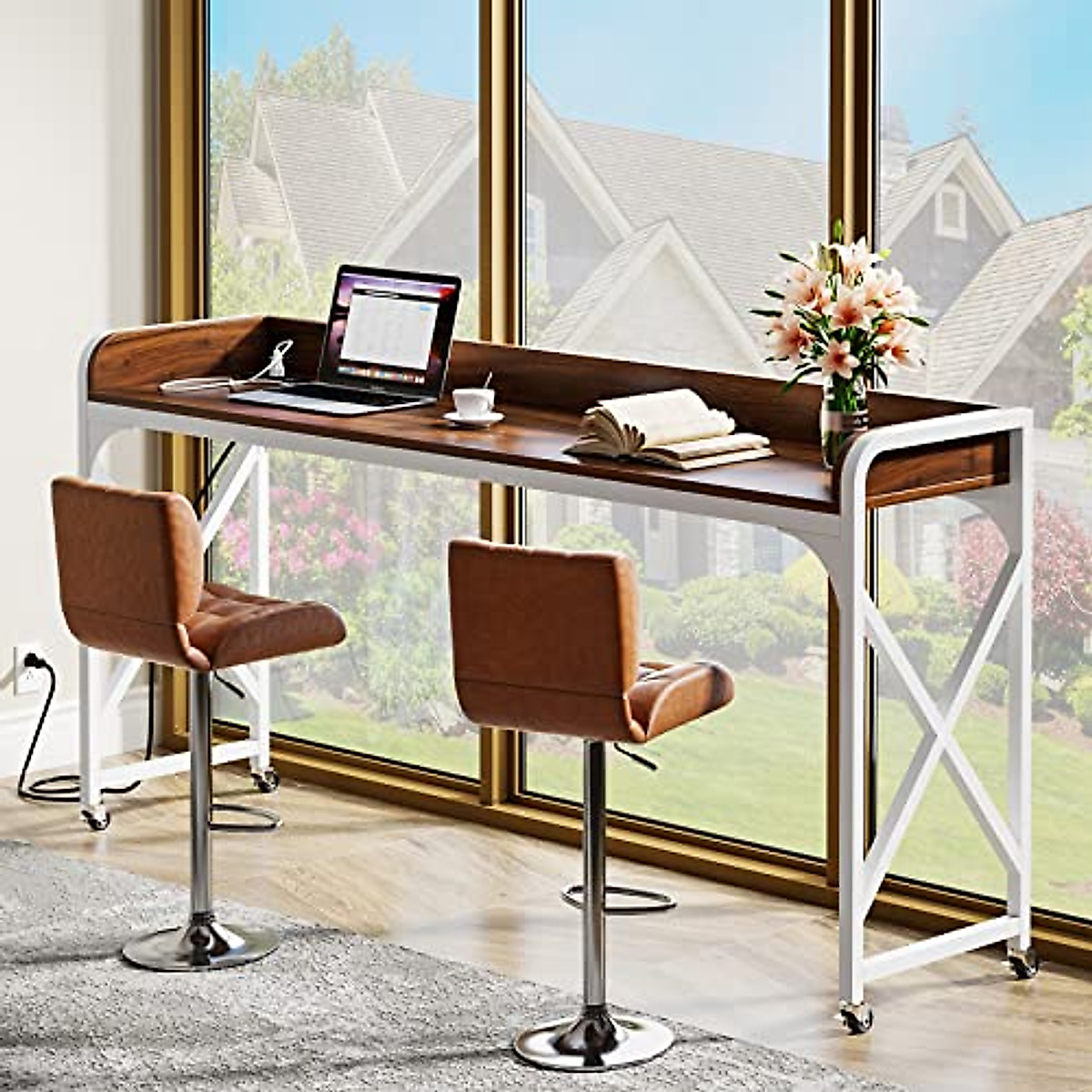 Tribesigns Over Bed Table with Wheels, 70.8" Overbed Desk with Outlet & USB, Mobile Queen Size Bed Table with White Metal Legs for Bedroom, Rolling Tray Table for Living Room, Hospital, Dark Walnut