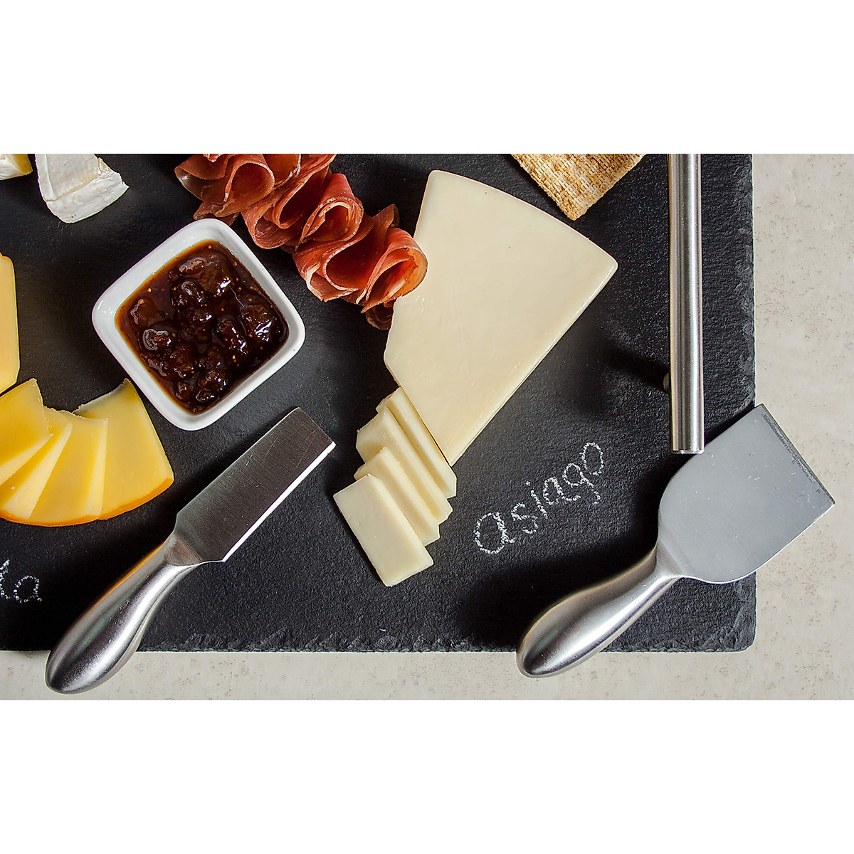 Slate Cheese Board Set with Handles | 9 pcs - 12" x 16" Serving Tray, Stainless Steel Cheese Knife Set with Ceramic Bowls + Soapstone Chalk