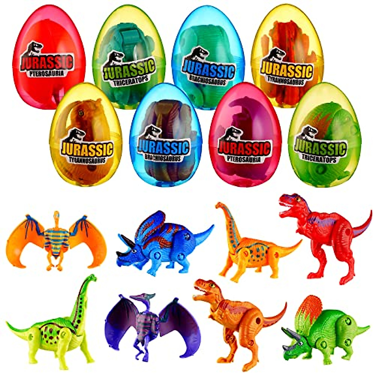 Dinosaurs Easter Eggs Stuffer 8 Pack, Jumbo Easter Basket Stuffers Easter Eggs Filled, Cute Easter Party Favors for Boys Girls Dinosaur Toys, Colorful Easter Gifts for Toddler Kids Easter Egg Hunts