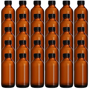 Bekith 30 Pack 4 oz Amber Glass Bottles, Boston Round Sample Bottles with Black Poly Cone Cap for Juice, Ginger Shots, Oils, Whiskey, Liquids