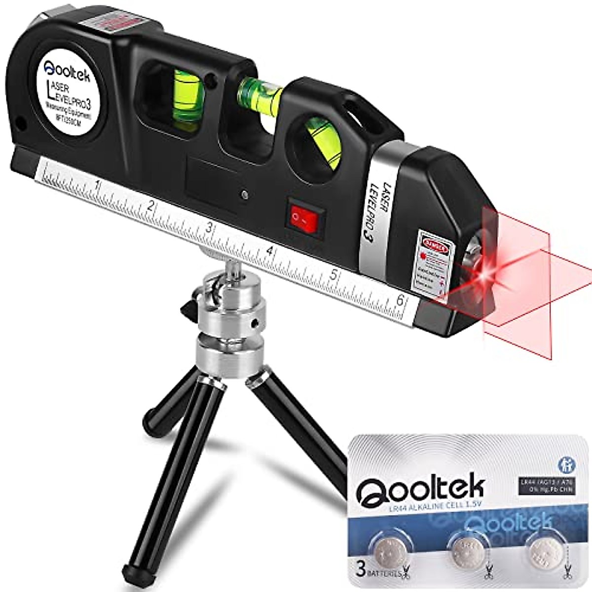 Laser Level, Qooltek Multipurpose Cross Line Laser 8 feet Measure Tape Ruler Adjusted Standard and Metric Rulers for hanging with Metal Tripod Stand(Black)