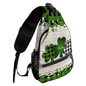 Sling Backpack, St. Patrick's Day Lucky Green Black Buffalo Plaid Shamrock Waterproof Lightweight Small Sling Bag, Travel Chest Bag Crossbody Shoulder Bag Hiking Daypack for Women Men