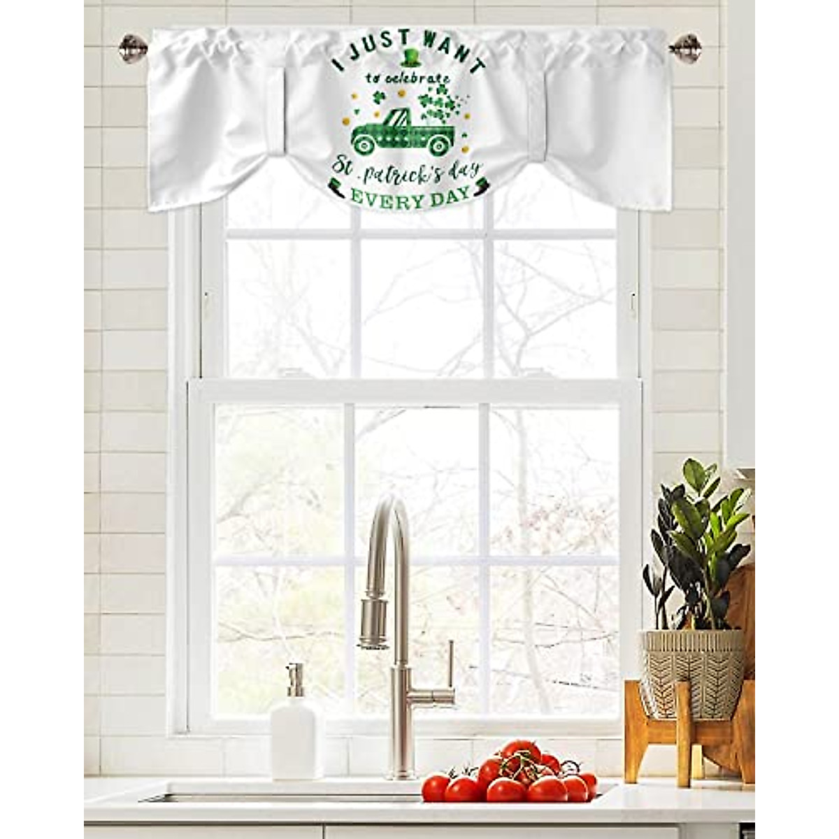 Tie Up Curtain Valances Window Topper,Shade Valance for Kitchen Windows St. Patrick's Day Plaid Truck with Clover and Gold Coins Rod Pocket Tie-up Curtains Window Treatment Drapes White 42"x18"