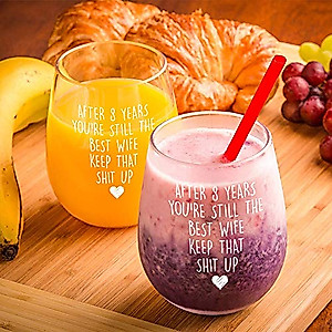 YouNique Designs 8 Years Anniversary Stemless Wine Glass for Her, 15 Ounces, Funny 8th Wedding Anniversary Wine Cup for Wife, Eight Years, Eighth Year