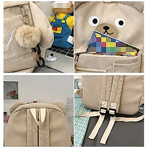 Aoakva Kawaii Bear Corduroy Backpack Cute for Teen Girl Boy Middle School Large Size (Brown)