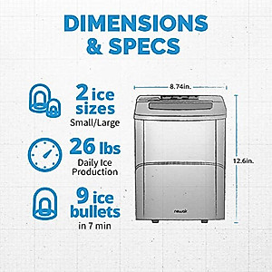 Newair 26 lbs. Countertop Ice Maker, Portable and Lightweight, Intuitive Control, Large or Small Ice Size, Easy to Clean BPA-Free Parts, Perfect for Cocktails, Scotch, Soda and More